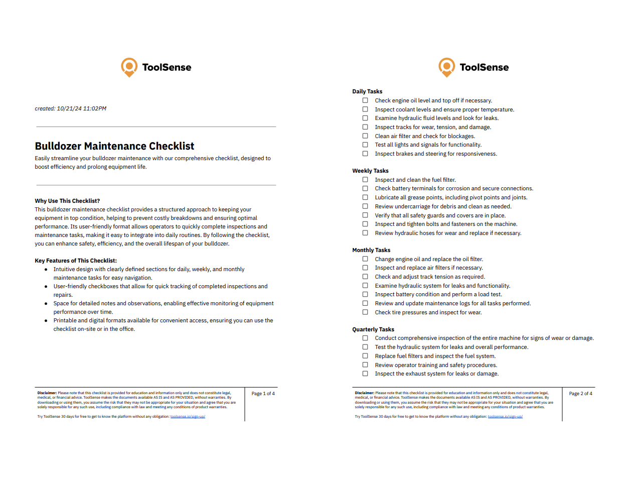 Download Your Free Bulldozer Maintenance Checklist