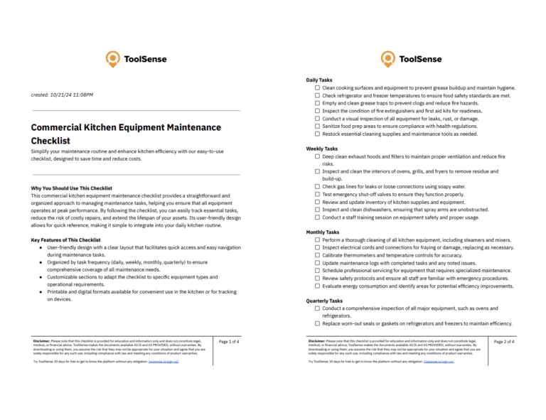 Free Commercial Kitchen Equipment Maintenance Checklist