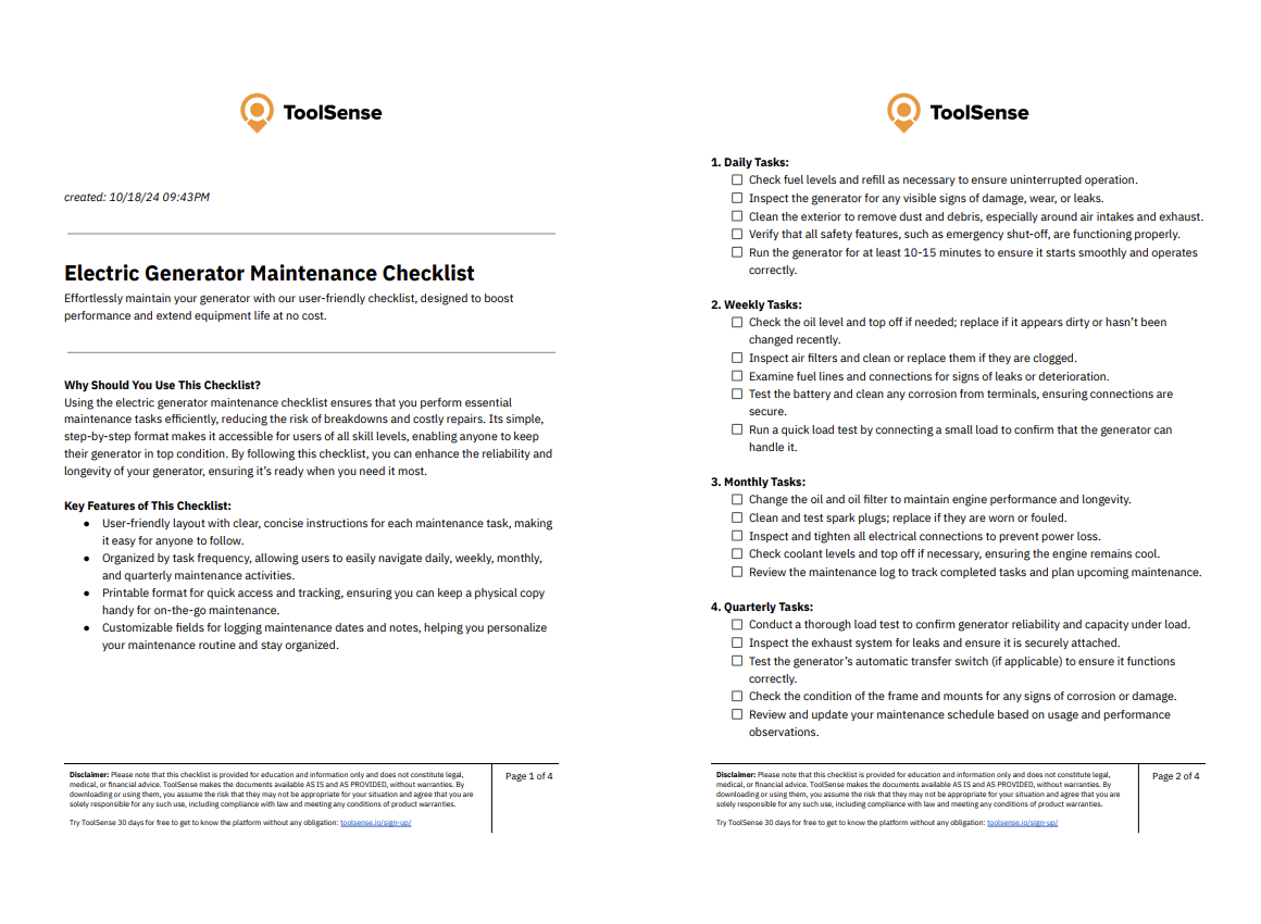 Free Electric Generator Maintenance Checklist