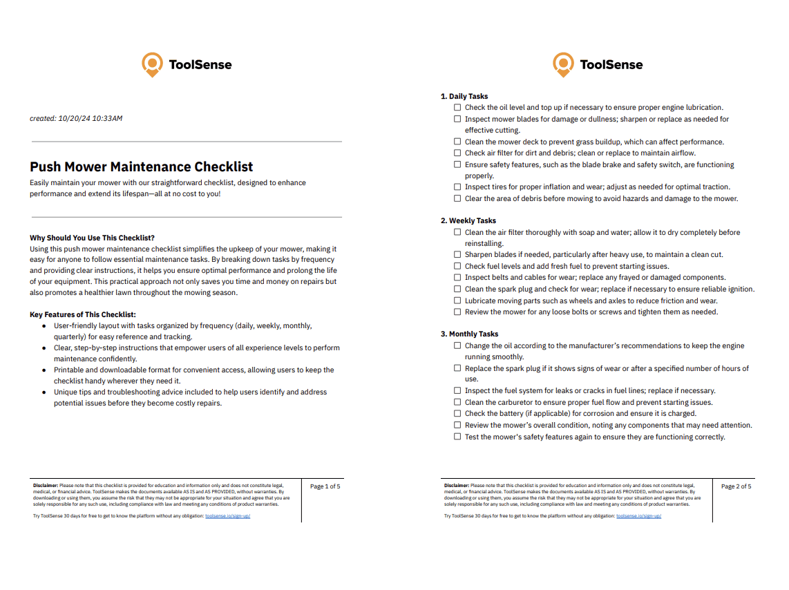 Free Push Mower Maintenance Checklist [Download] | ToolSense