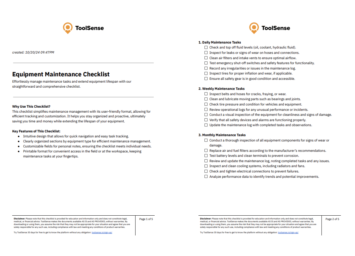 Free Equipment Maintenance Checklist to Enhance Performance