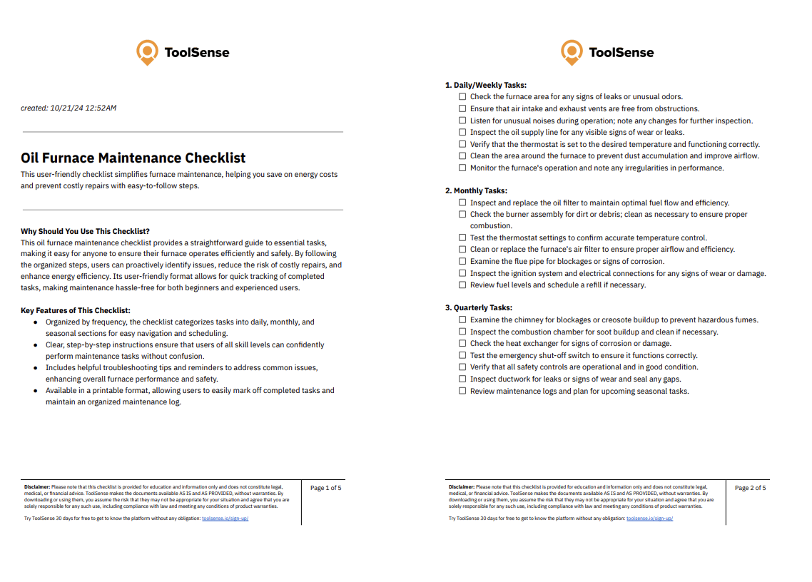 Free Oil Furnace Maintenance Checklist for Efficient Heating