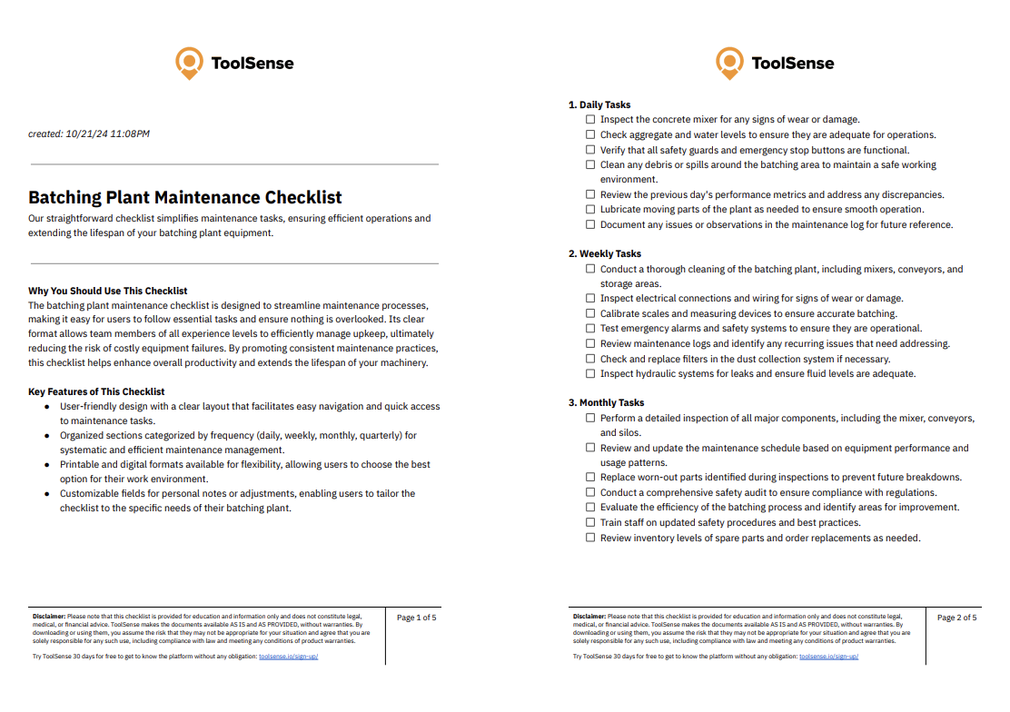 Download Your Free Batching Plant Maintenance Checklist