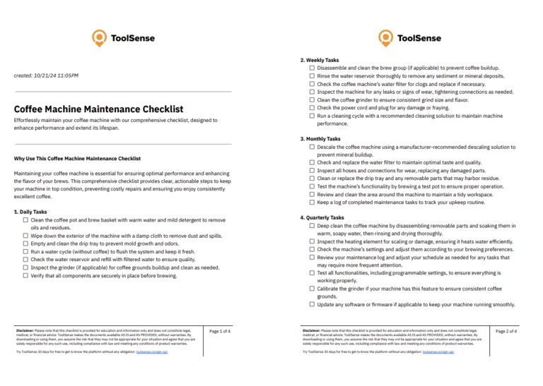 Free Coffee Machine Maintenance Checklist