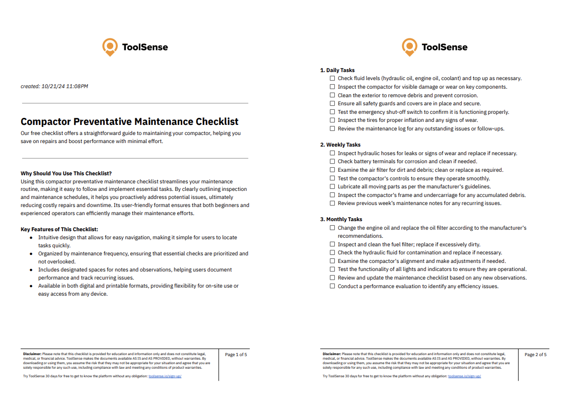 Free Compactor Preventative Maintenance Checklist